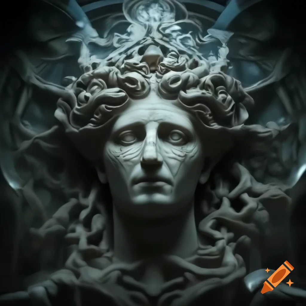 Majestic statue of a Greek god with crystalline structure and geometric ...