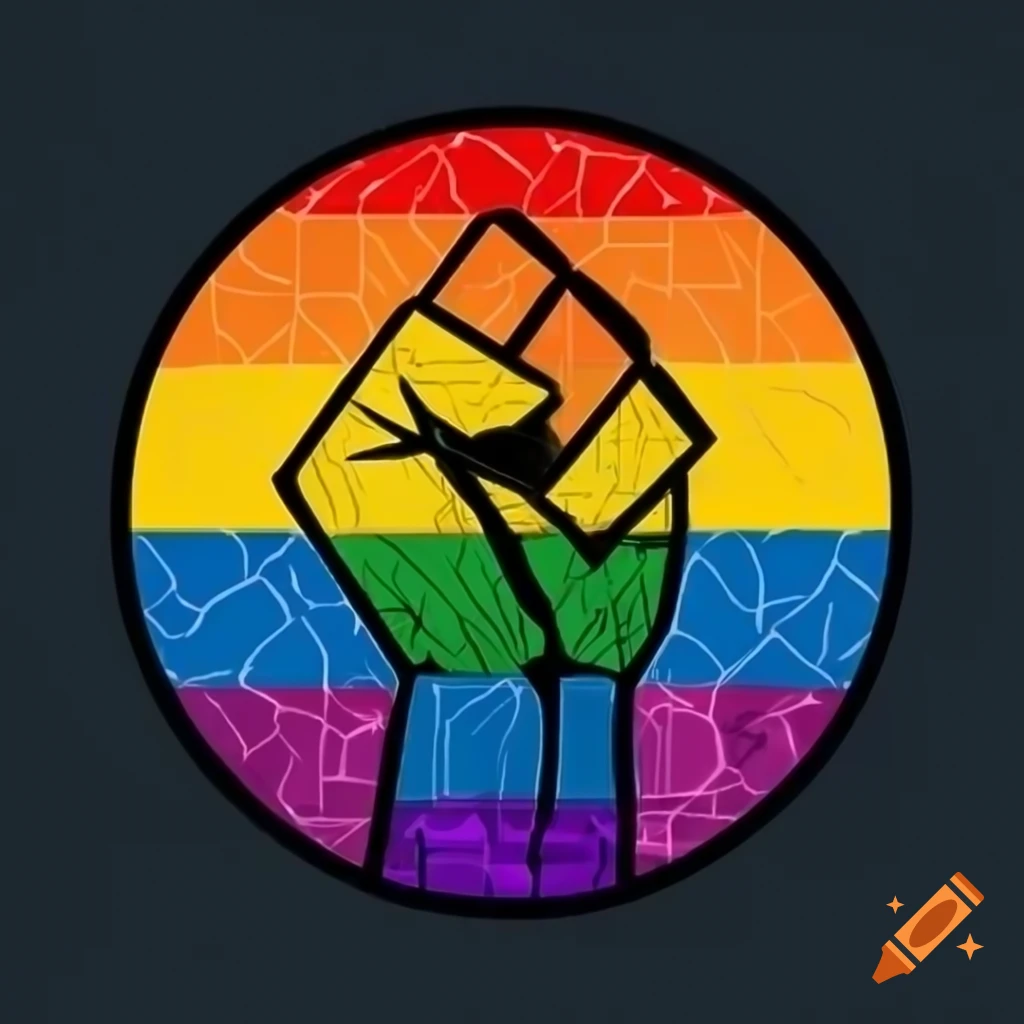 Mosaic clenched fist within circular LGBT rainbow border, vibrant ...