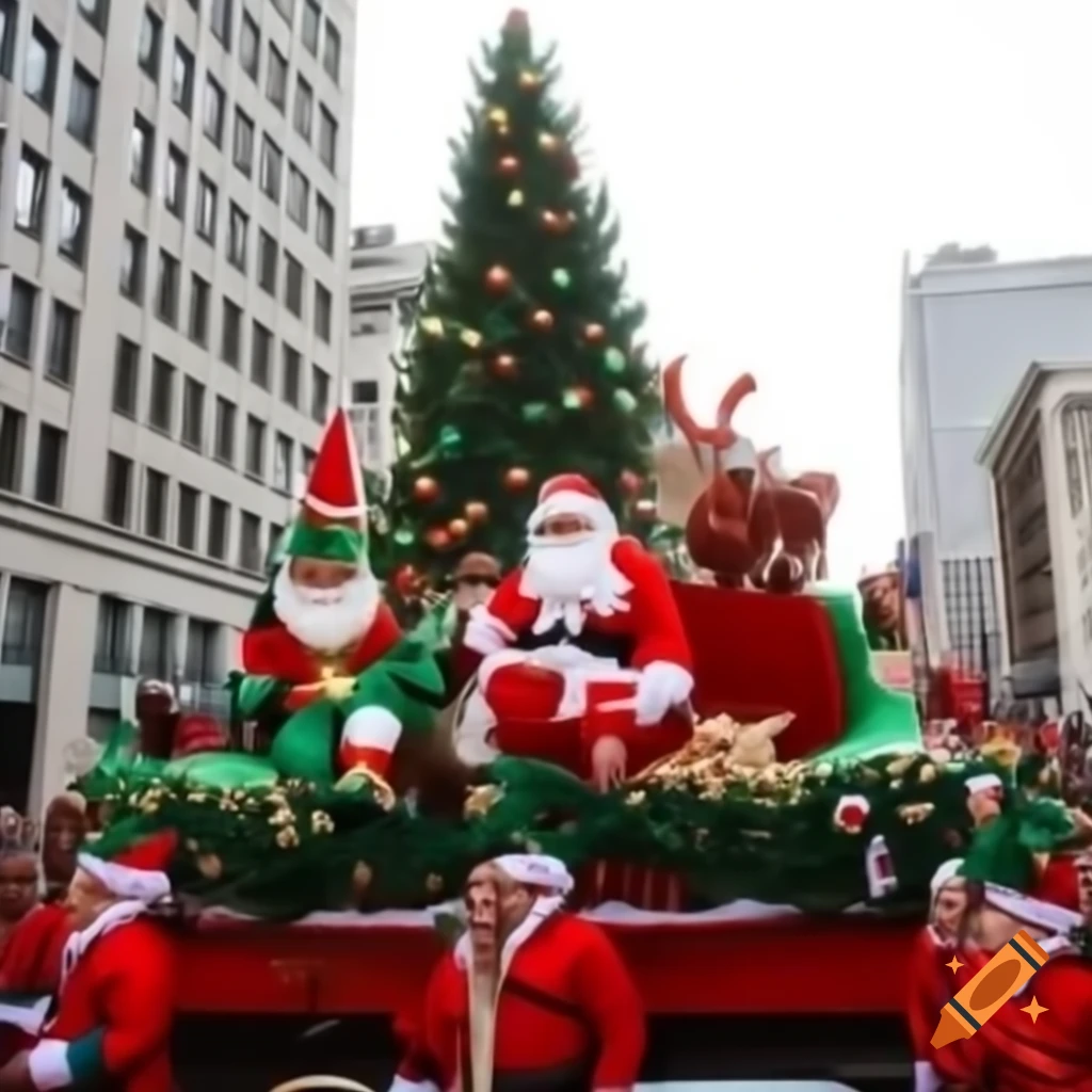 Christmas parade float featuring Santa, elves, and decorated tree on ...