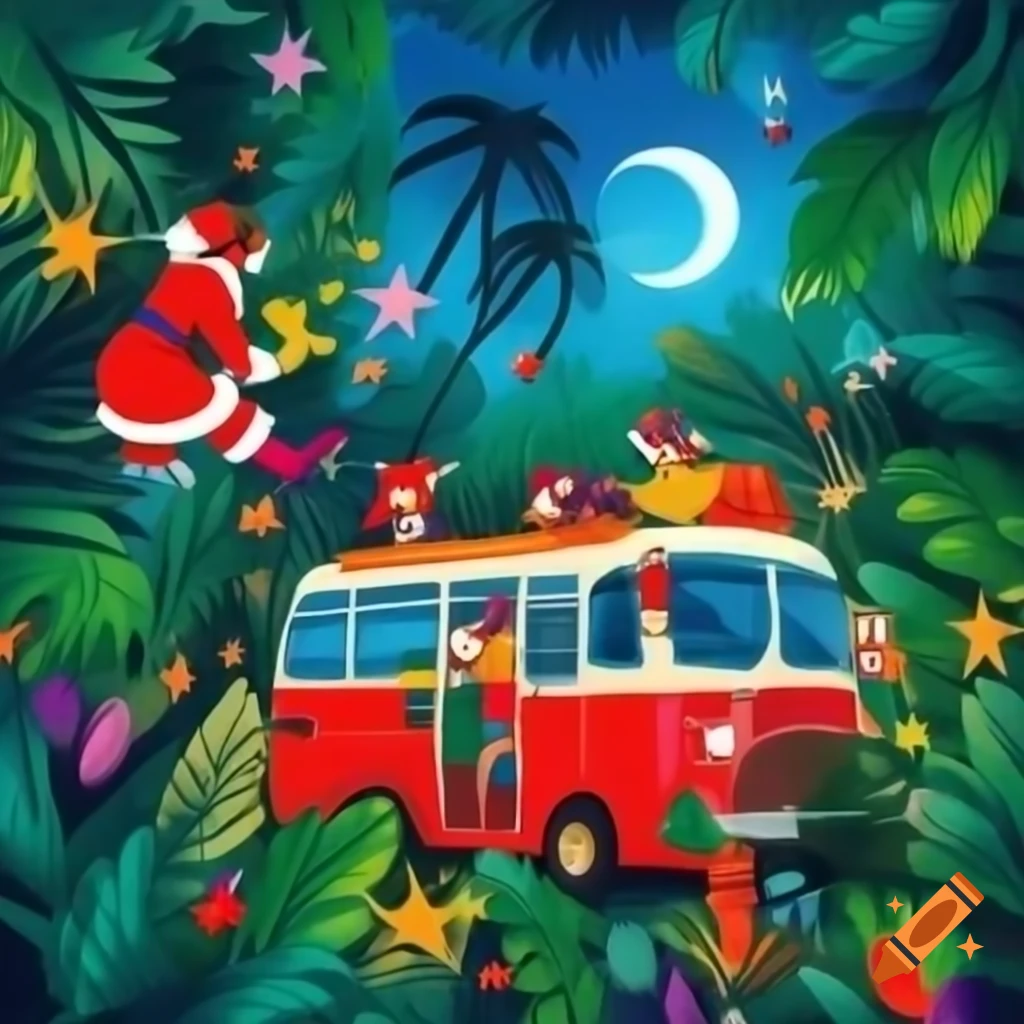 Vibrant tropical poster featuring tour bus and Santa Claus promoting ...