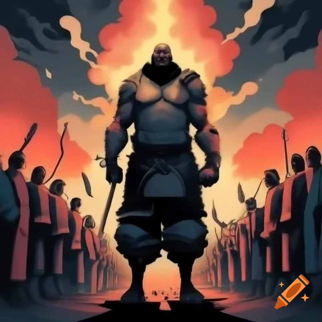 Wounded protagonist with fierce expression standing before defeated ...