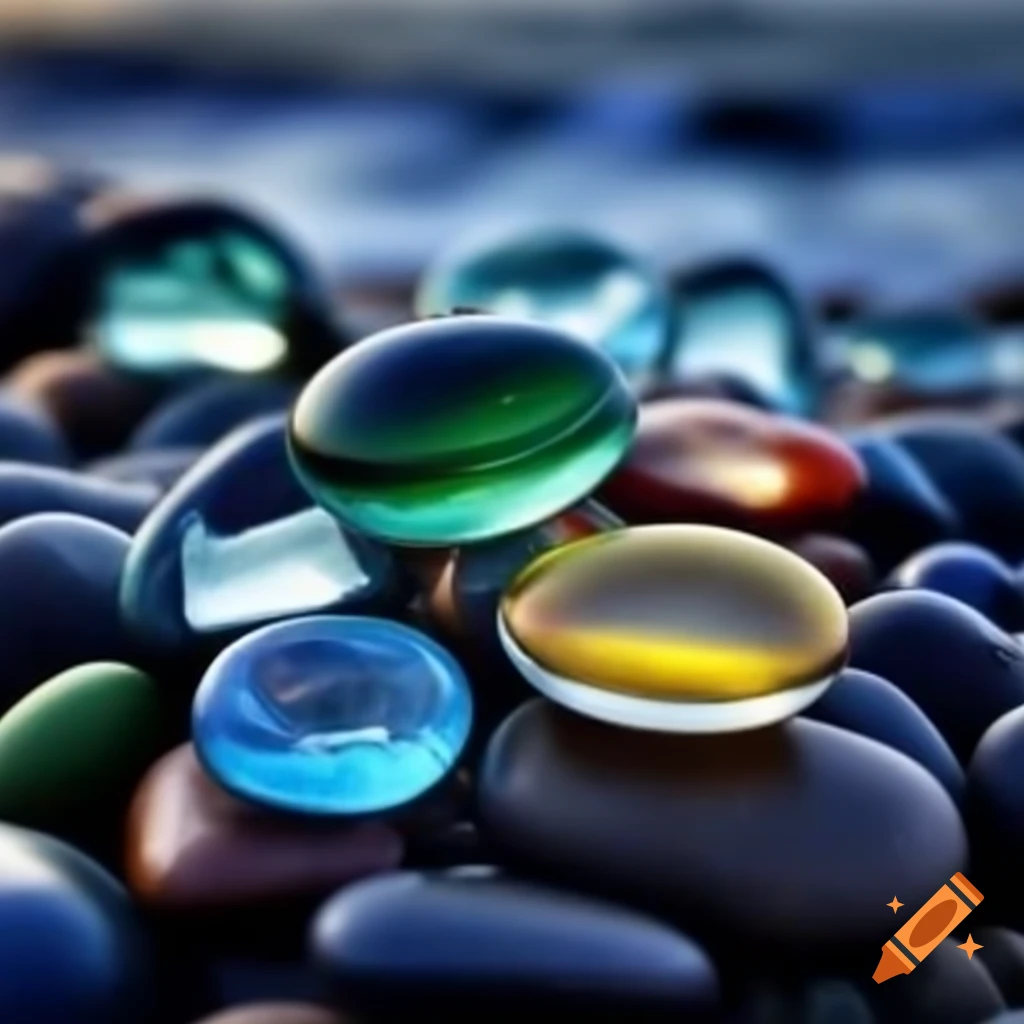 Multi-colored glass stones on seashore on Craiyon