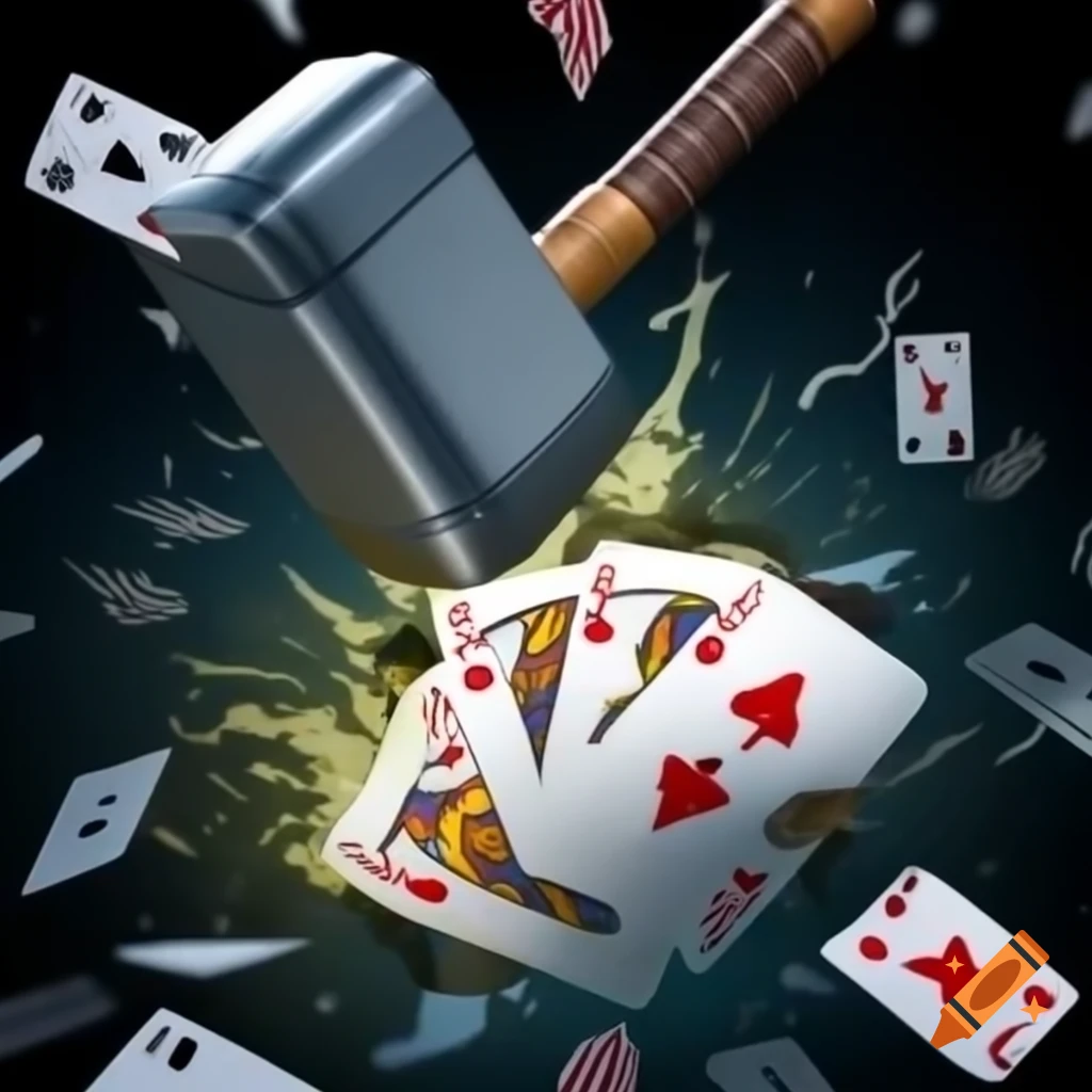 Playing card being smashed by Thor's hammer on Craiyon