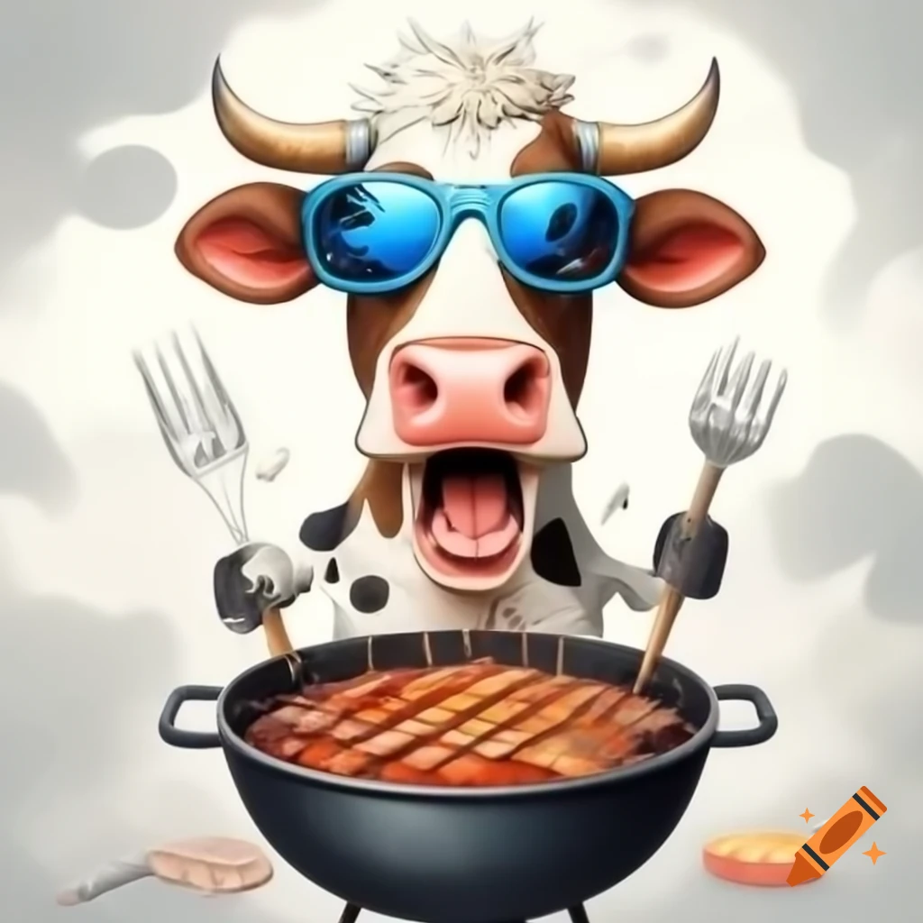 Surprised cow grilling BBQ wearing blue sunglasses and apron on Craiyon