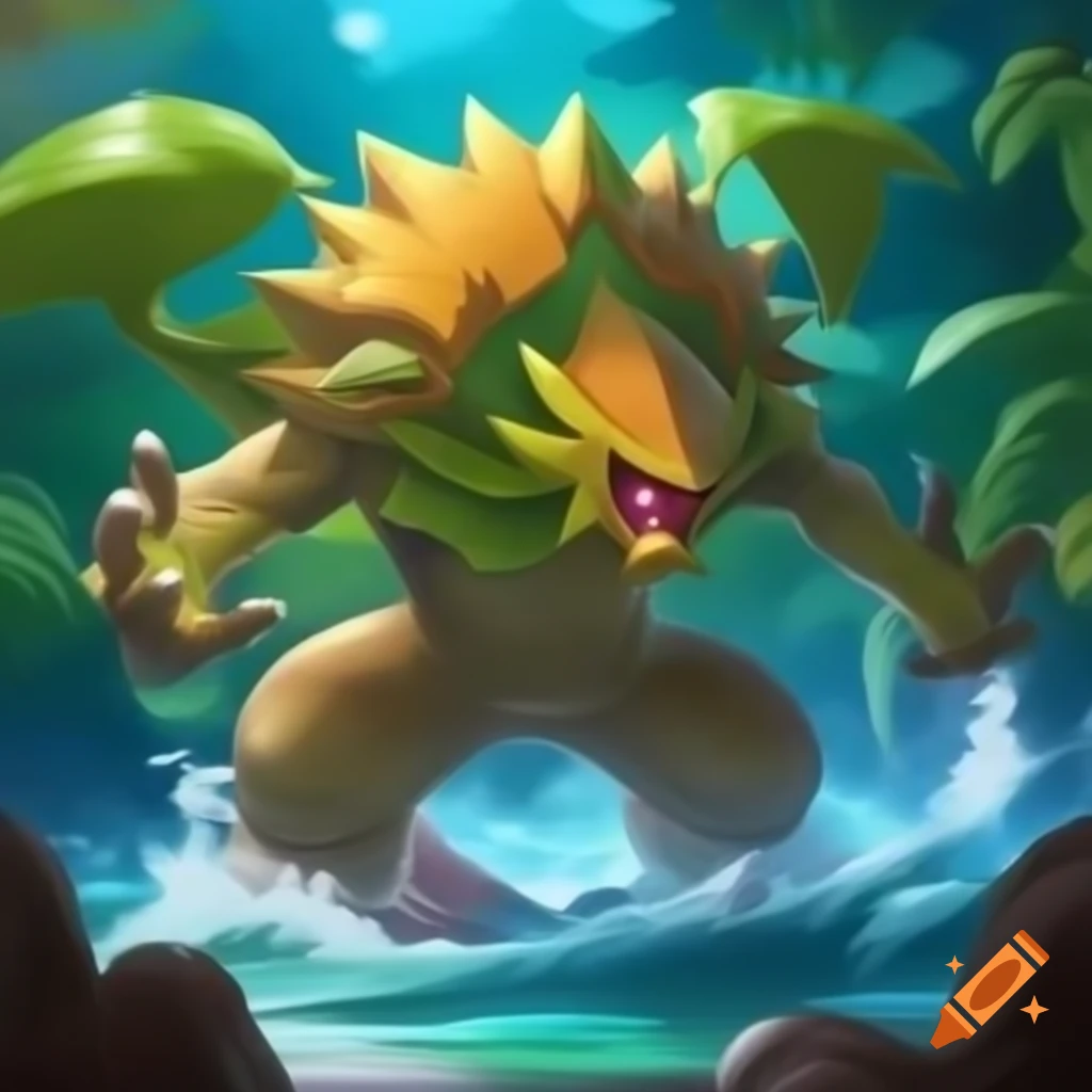 3D rendered legendary sunflower shaman monster Pokemon in tropical ...