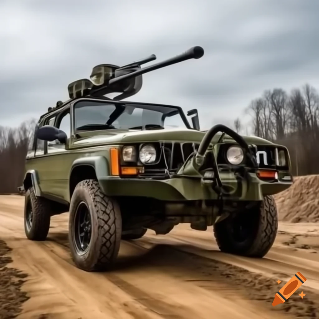 1991 olive drab jeep cherokee xj with m240 machine gun driving through mud on Craiyon