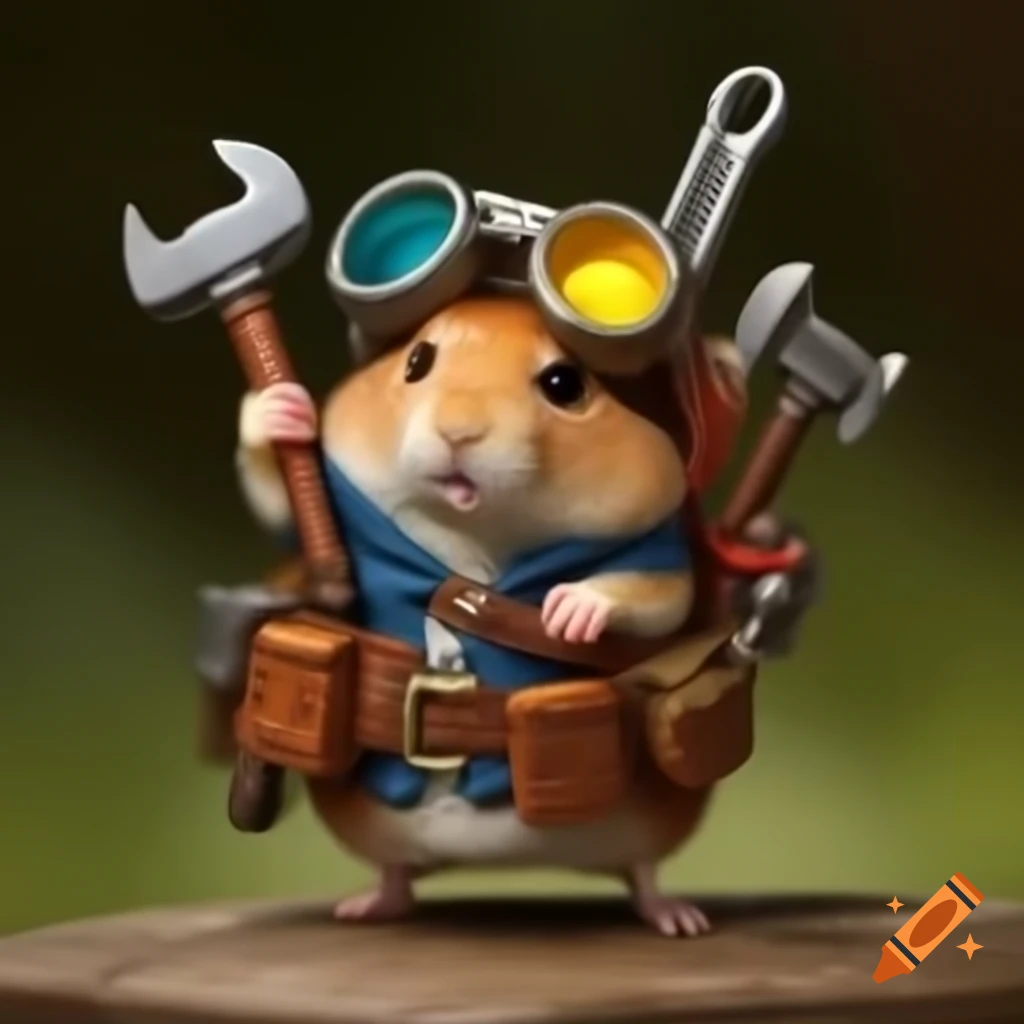 Hamster in goggles with wrench and tool belt, ready for adventure on Craiyon