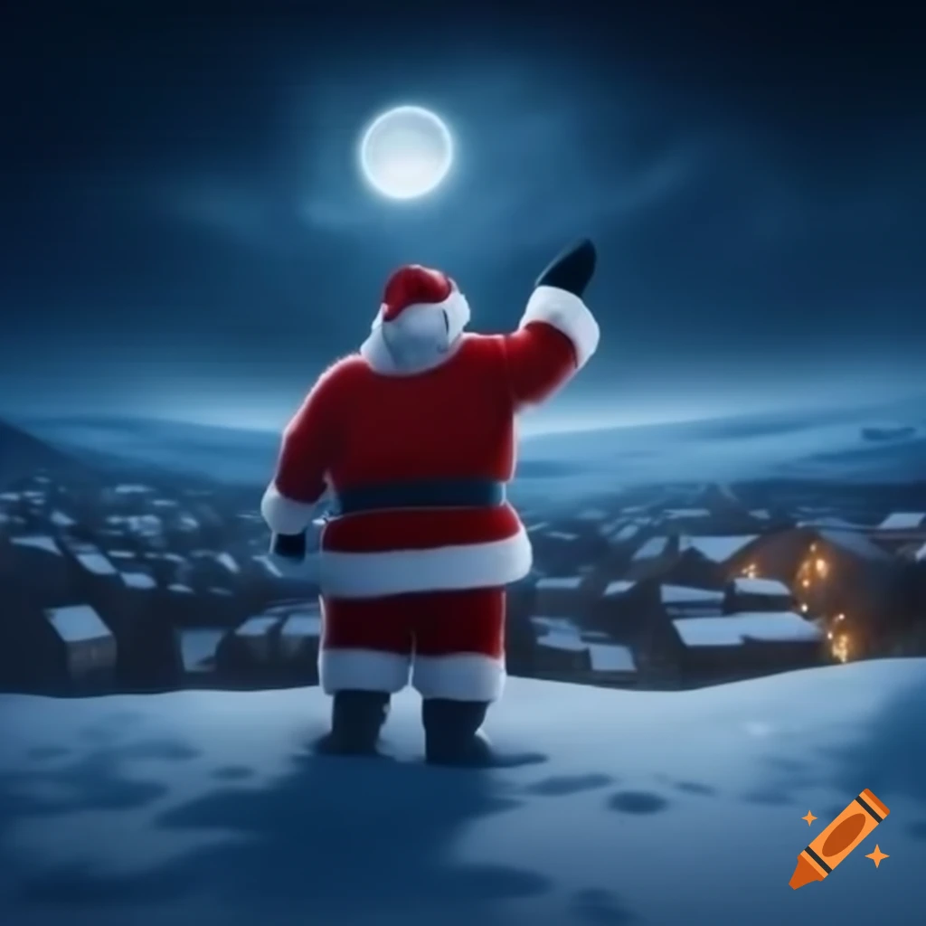 Santa Claus on snow-dusted hilltop overlooking tranquil village under ...