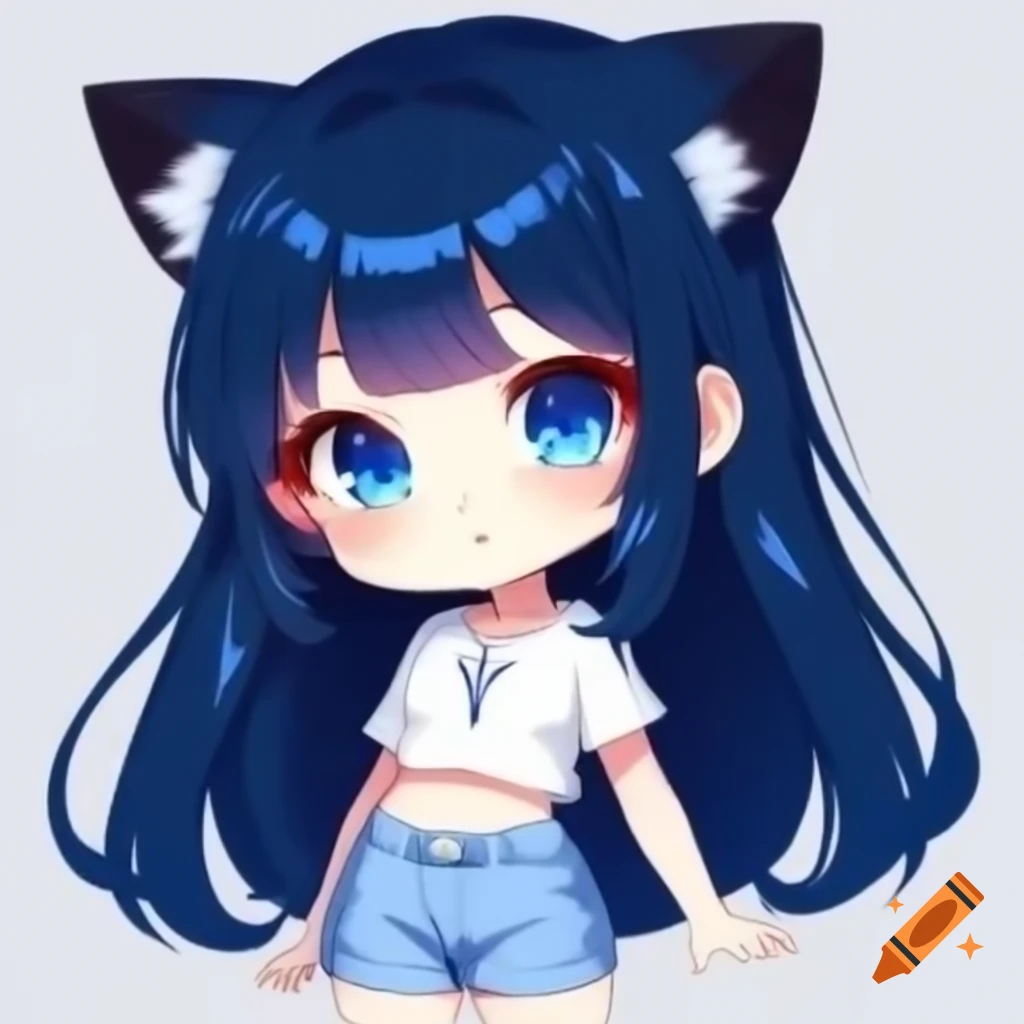 Anime chibi girl with dark blue hair and cat ears showing various ...