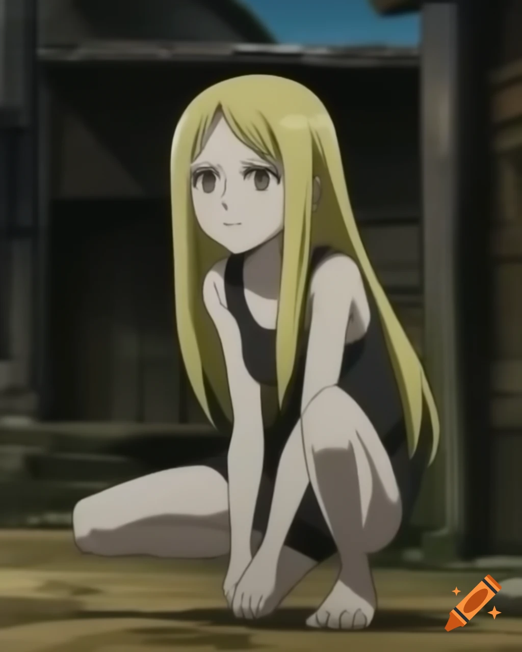 Anime cavegirl crouching in rustic town setting on Craiyon