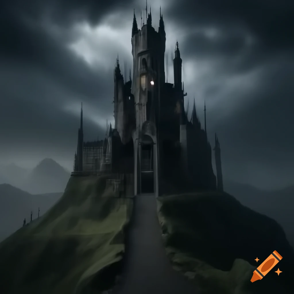 Gothic dark castle on mountain with tall spiky stone towers on Craiyon