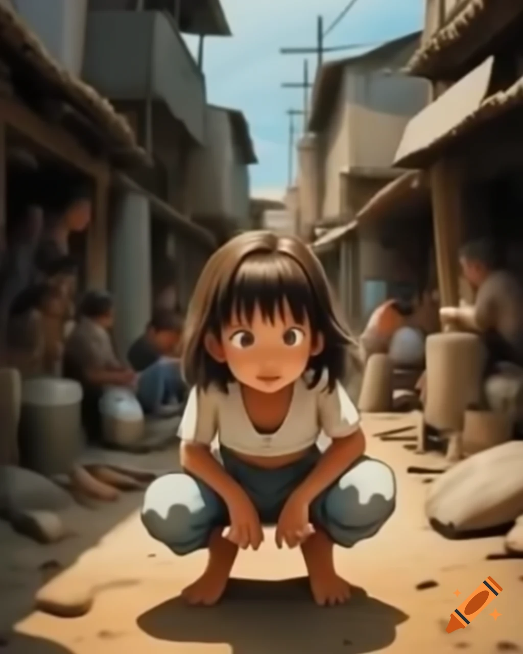 Anime girl crawling in a crowded rustic town with an embarrassed ...