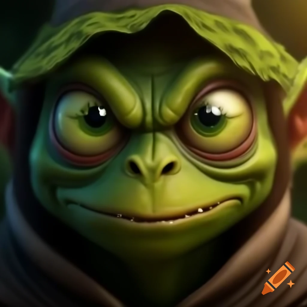Realistic depiction of a green goblin with angry white eyes in warm ...