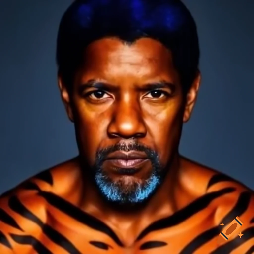 Muscular man with tiger-style makeup featuring blue hair and orange ...