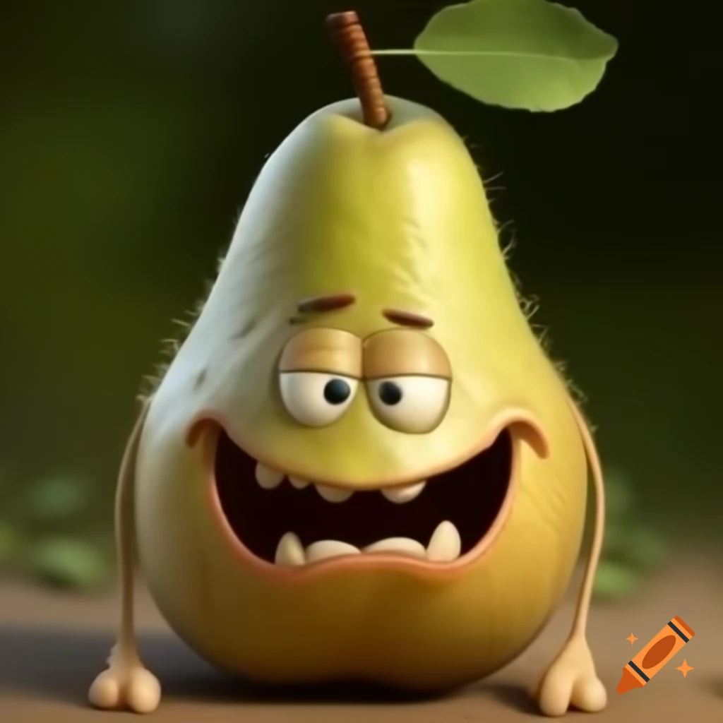 Cartoonish pear with bruised skin and mischievous grin on Craiyon