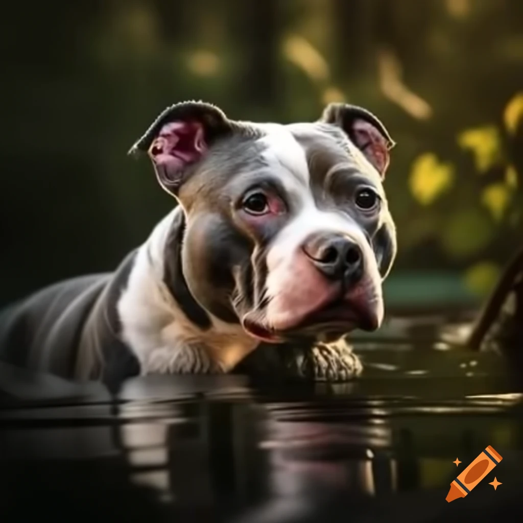 American bully gazing from behind oak tree with dappled sunlight on Craiyon