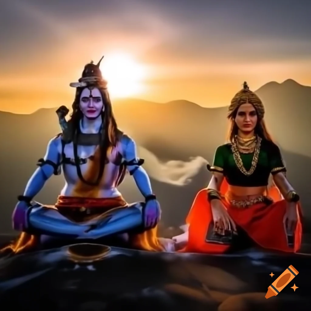 Lord Shiva and Parvati in yoga pose with sunrise over snow capped ...