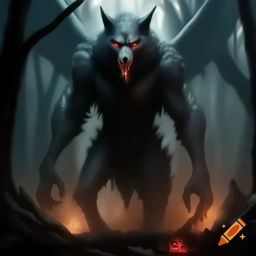 Dark creature resembling a wolf with bat wings and glowing red eyes on ...
