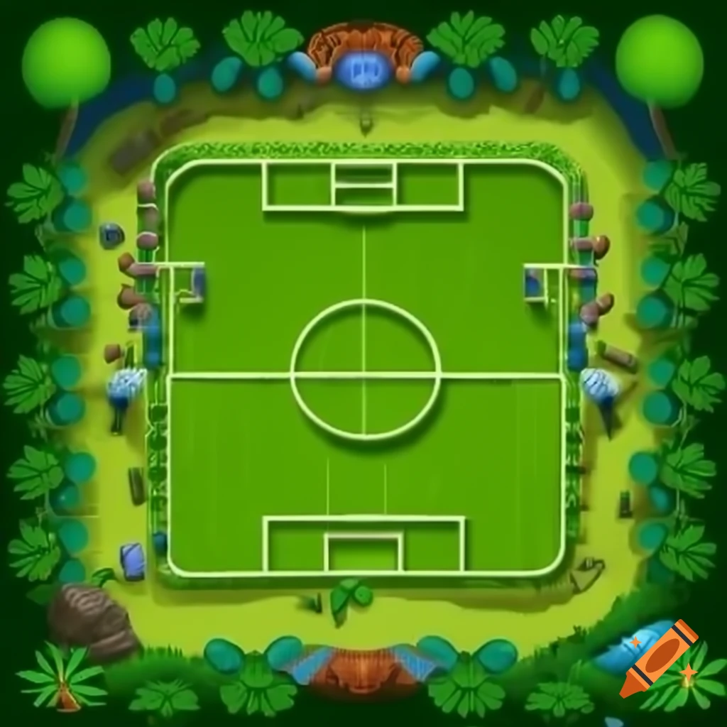 Cartoon-style prehistoric soccer field with lava pools and dinosaur ...