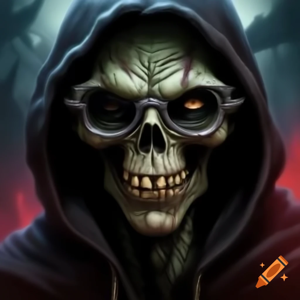 Zombie reaper character wearing glasses on Craiyon