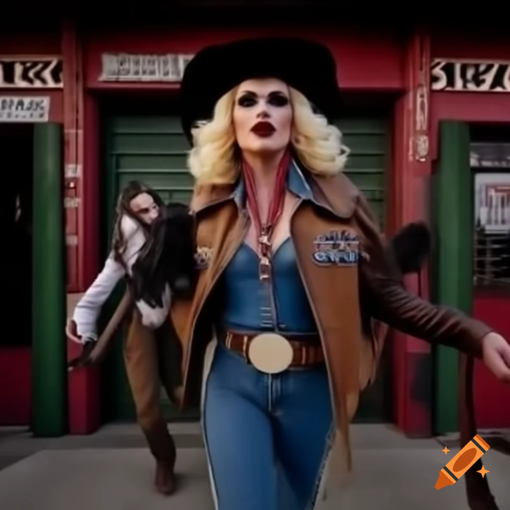 Drag queen in cowboy hat and fringed jacket walking through saloon ...