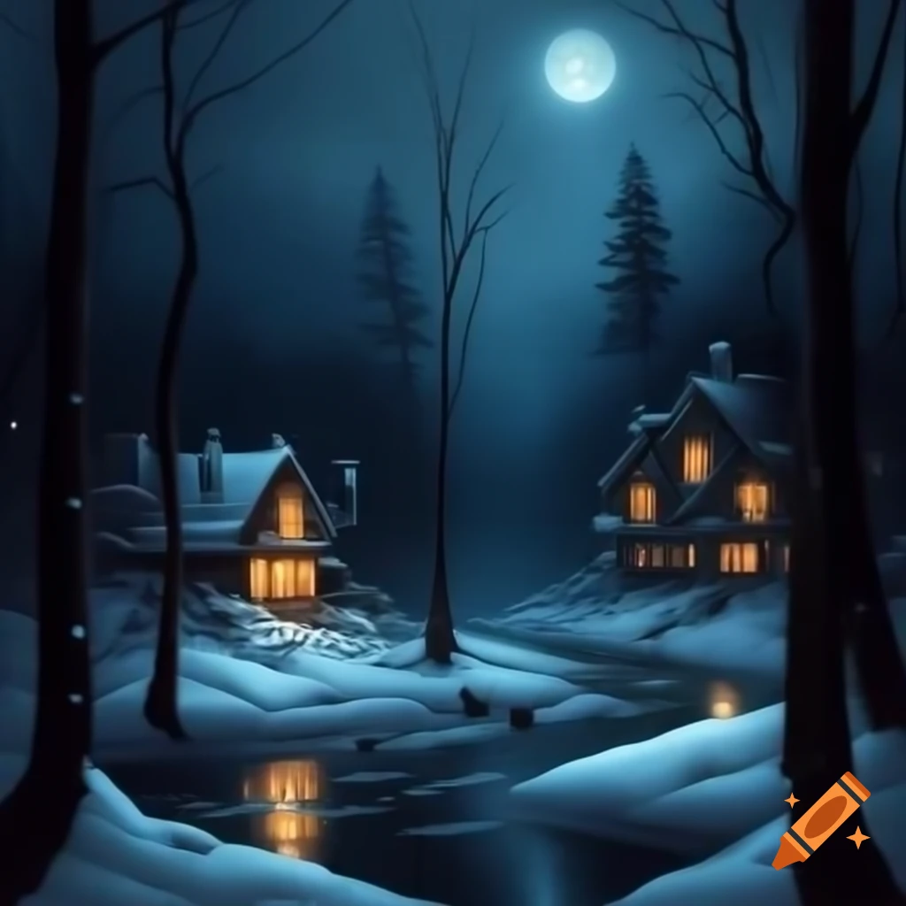 Serene winter night with snow-covered trees and cozy wooden house ...
