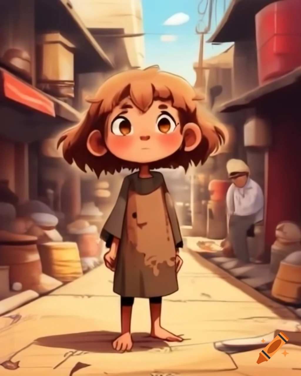 Anime young woman in rags crawling through ancient town streets on Craiyon