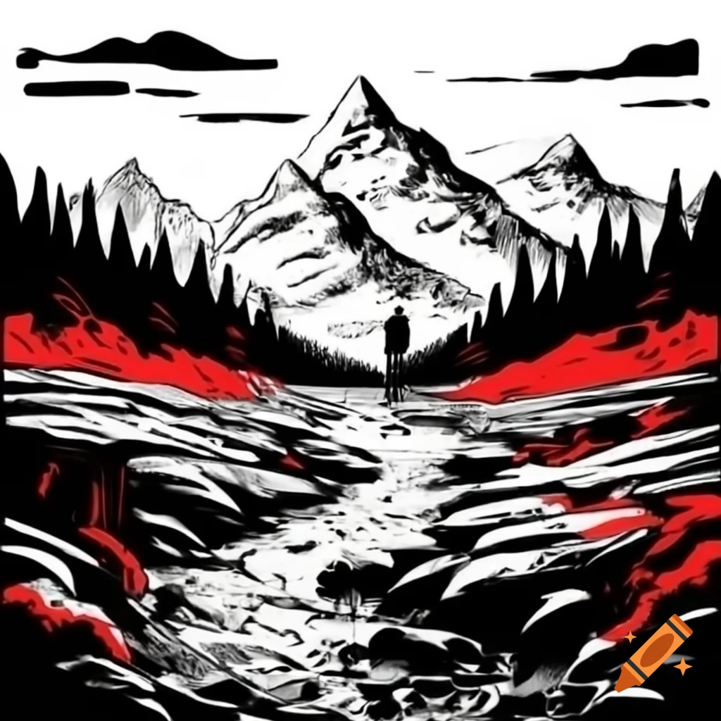 Man walking along narrow path by raging river between snow capped ...