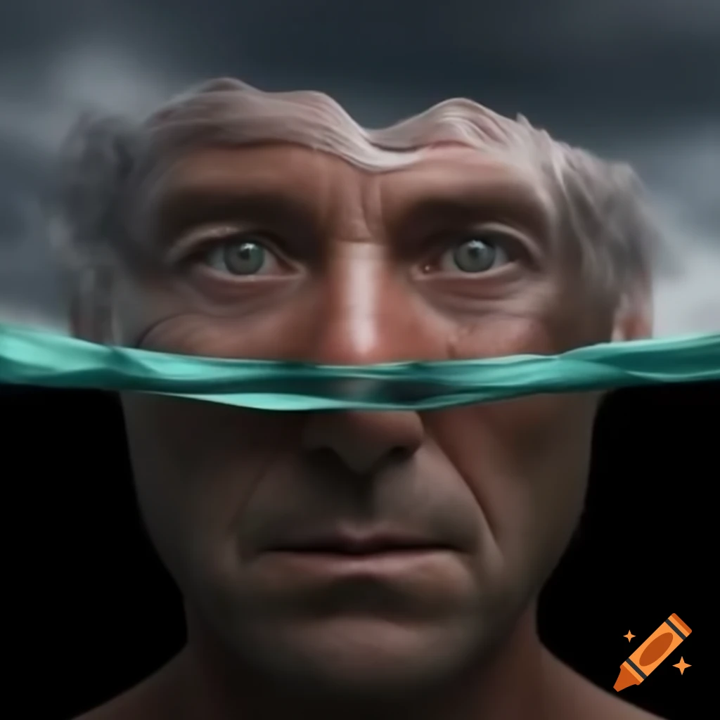 Man's face distorted by windstorm with mono lake in background ...