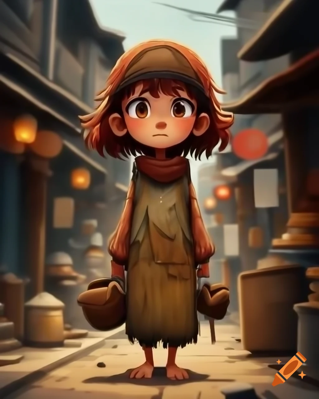 Anime young woman in rags crawling through ancient town streets on Craiyon