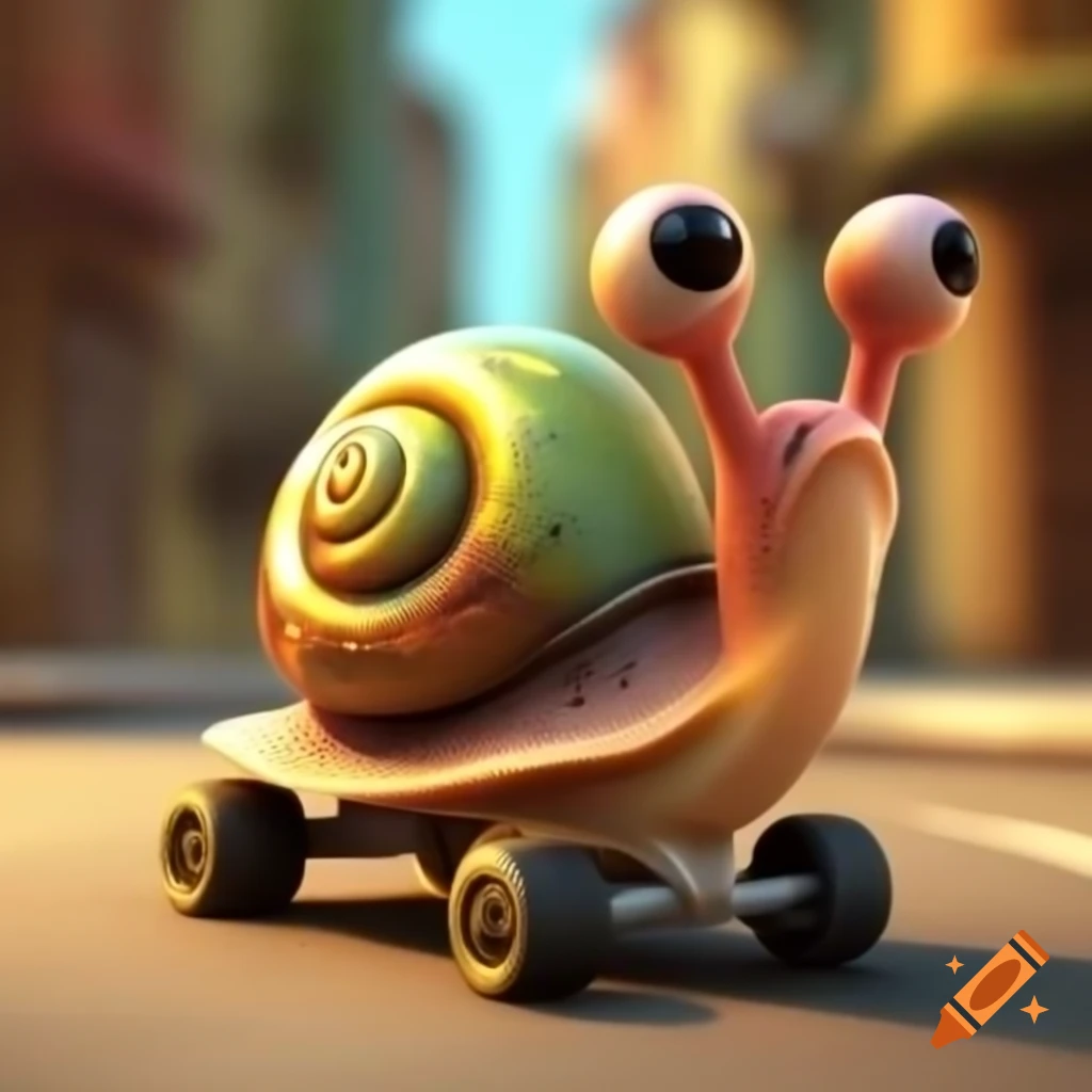 Whimsical snail with number '13' shell riding skateboard in dynamic ...