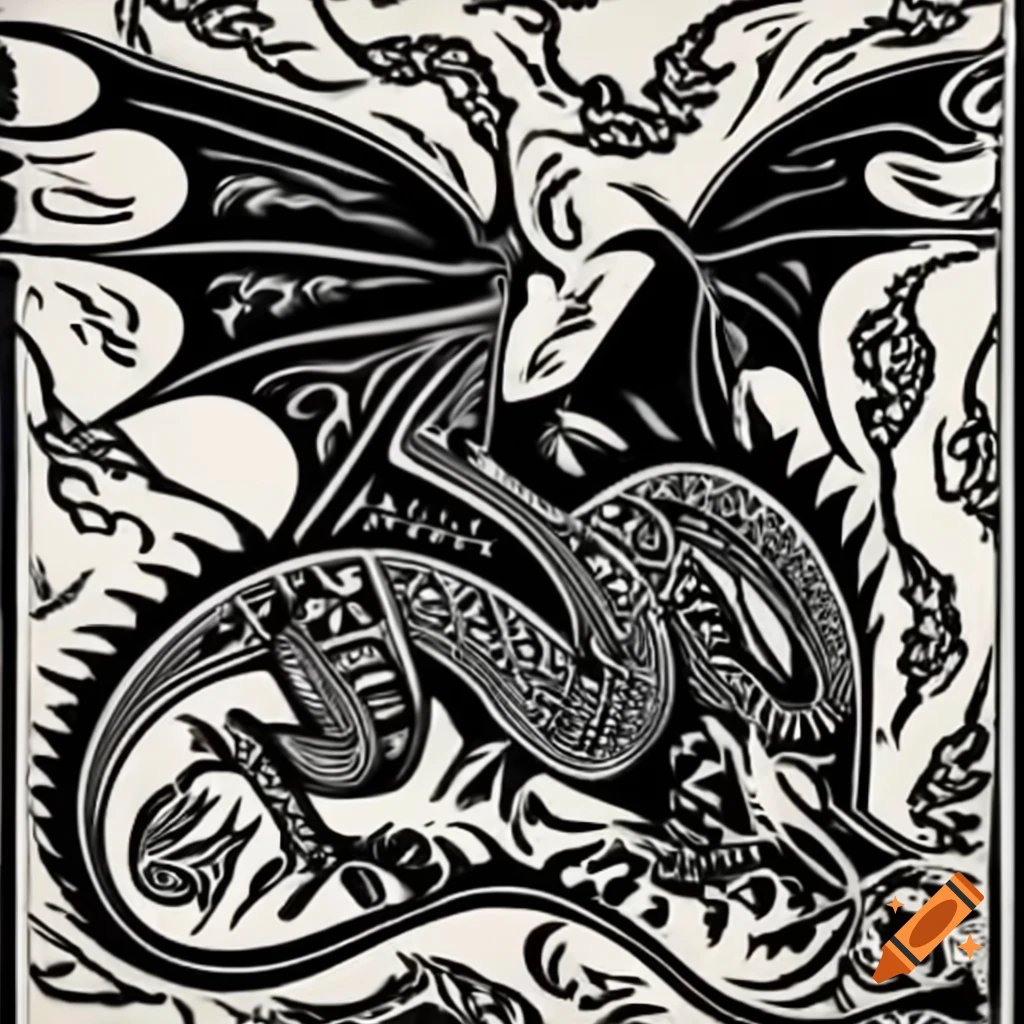 Intricate linocut design of an elegant dragon with wings spread ...