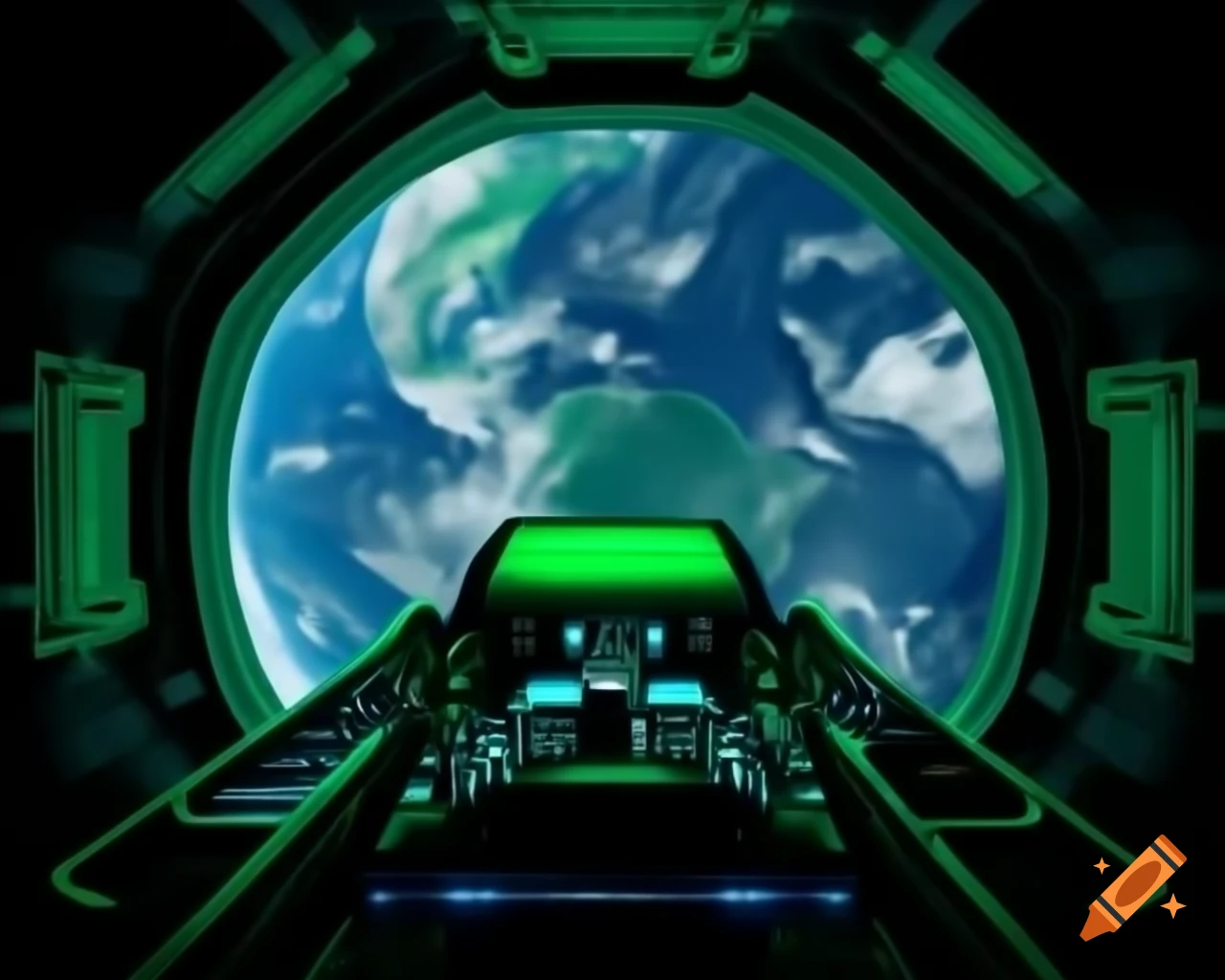 Spaceship cockpit with neon green theme and view of green earth on Craiyon