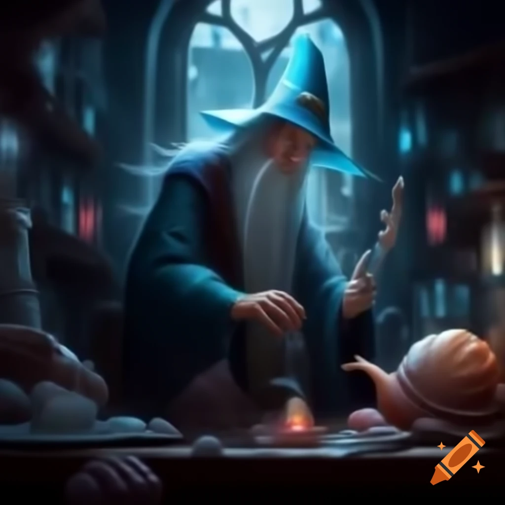 Wizard in cyberpunk city pouring test tube into large seashell on Craiyon