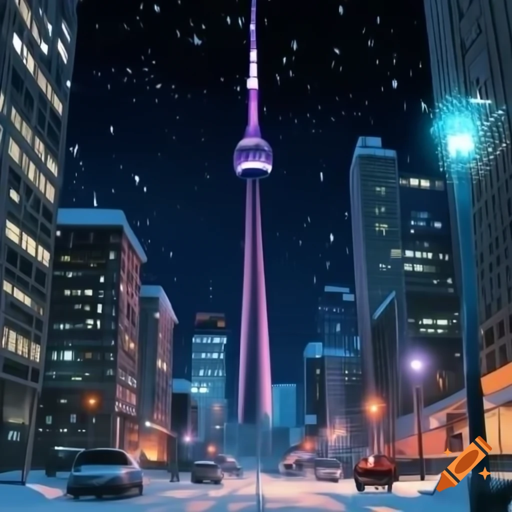 Toronto city skyline with CN Tower in anime style at night with snow on ...