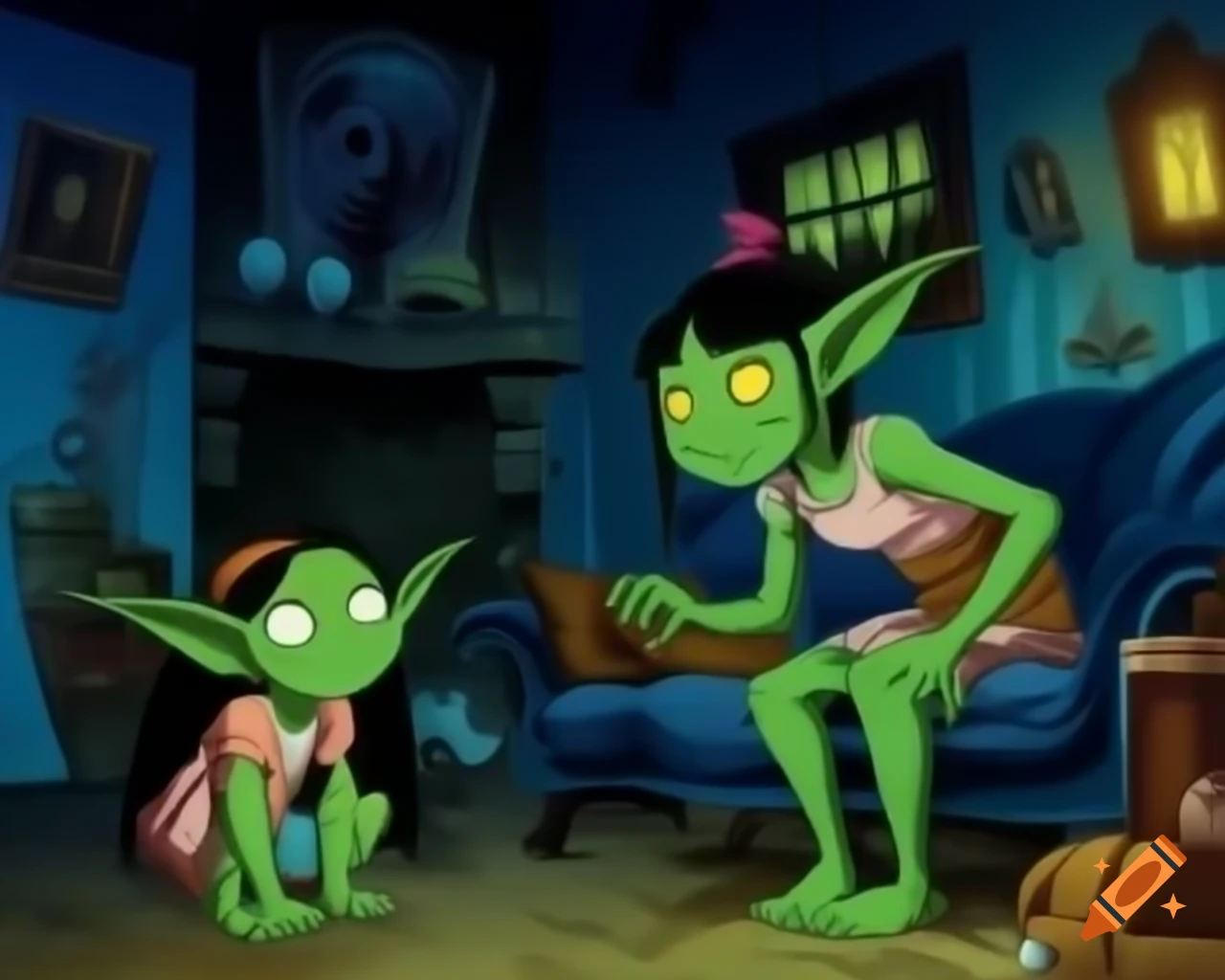 Two green-skinned goblin girls exploring a haunted living room in anime ...