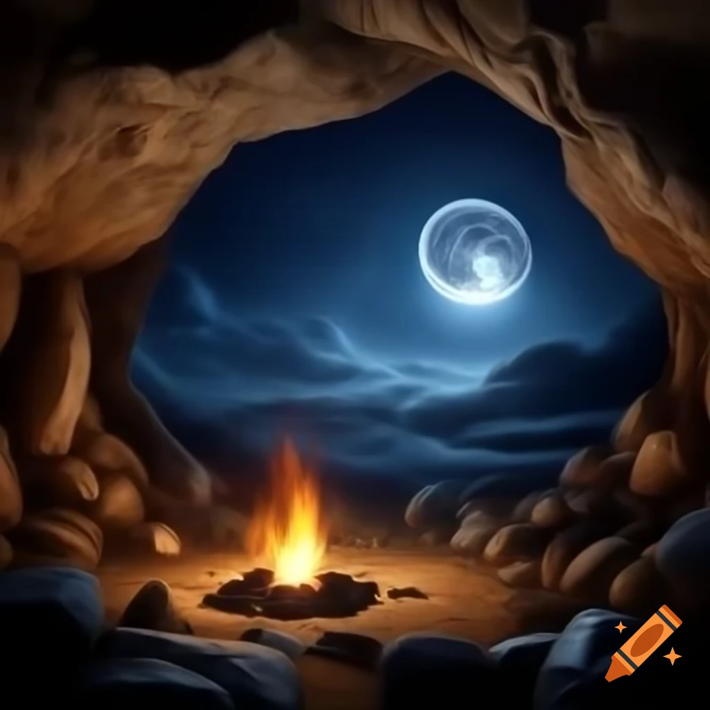 Dim stone cave illuminated by fire with moonlight and starry sky on Craiyon