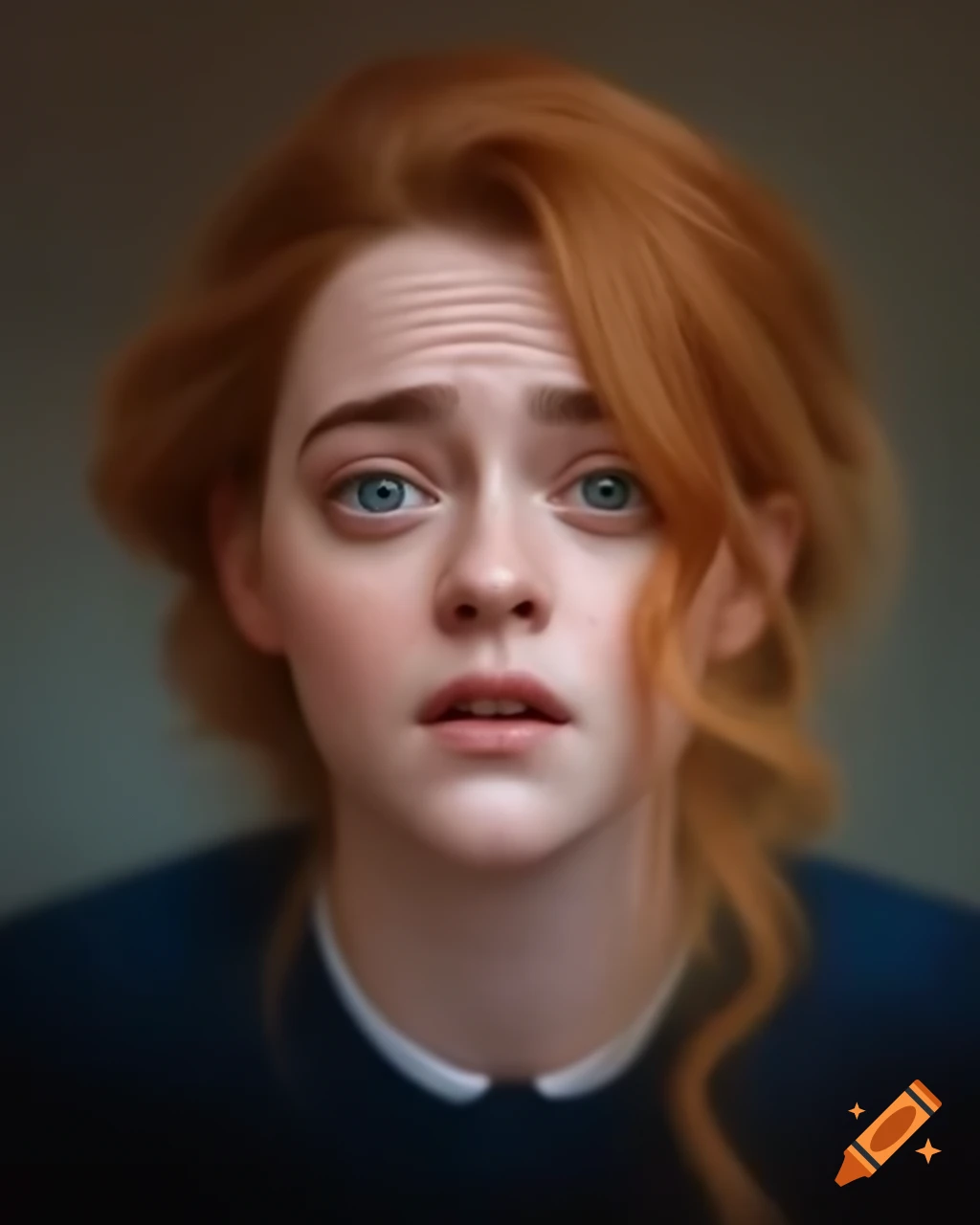 Realistic color portrait of actress Emma Stone with messy hair and ...