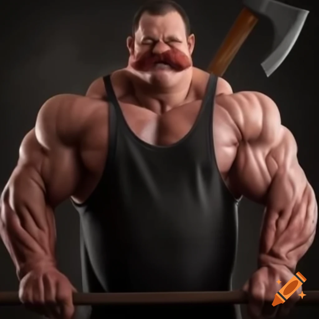 Muscular man with scars and mustache holding a large axe on Craiyon