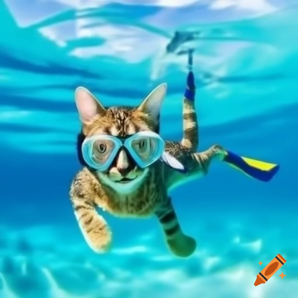 Cat snorkeling underwater, playful and adventurous scene on Craiyon