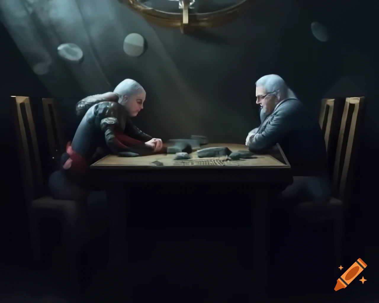 Witcher Geralt seated at table, throwing coins on rough surface on Craiyon