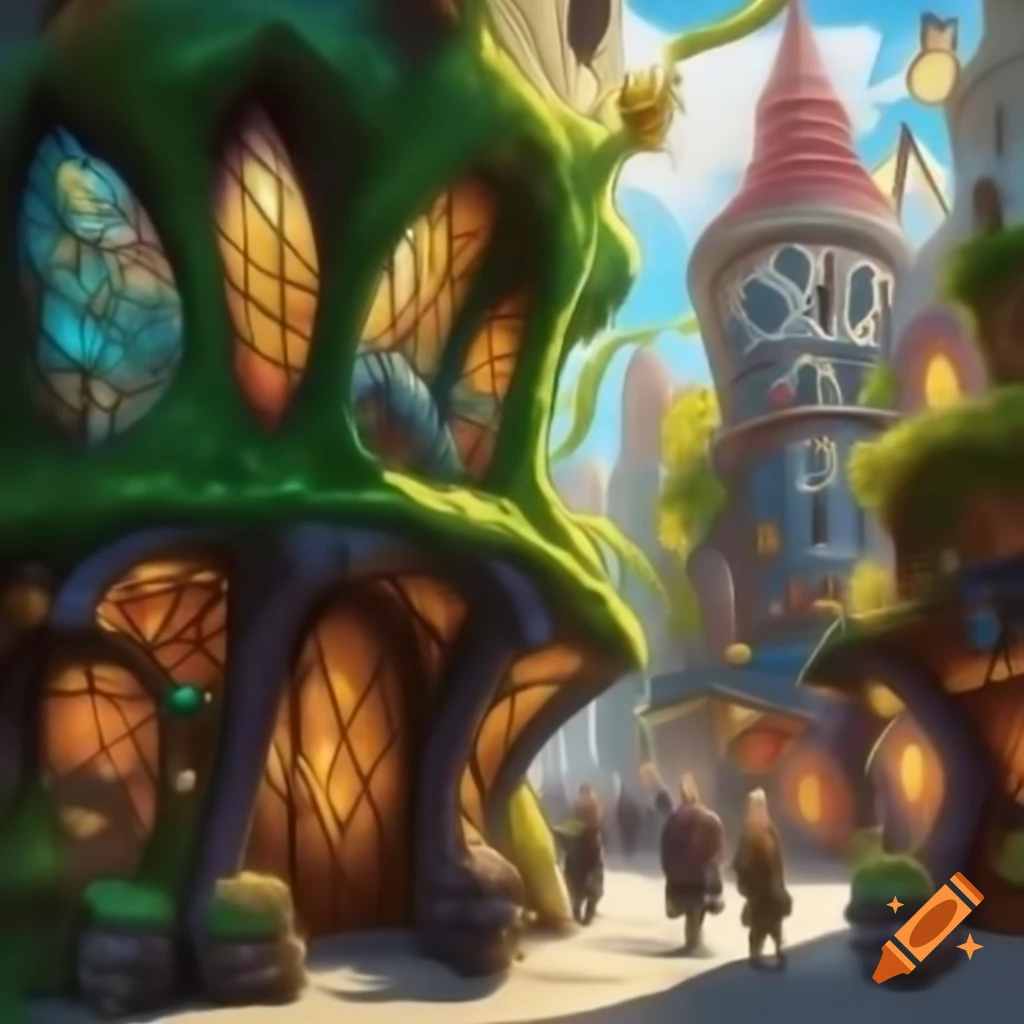 Colorful Neverwinter city street with organic architecture and artistic ...