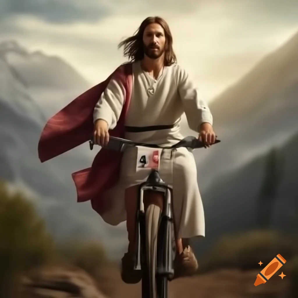 Jesus riding mountain bike with dog on Craiyon
