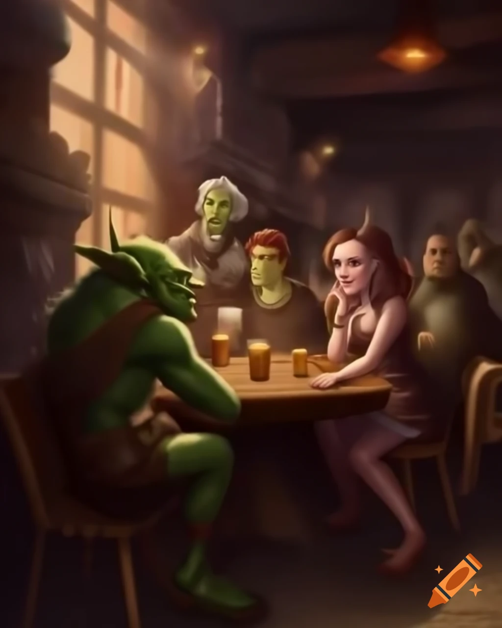 Goblin girl and human companion smiling in bustling tavern on Craiyon