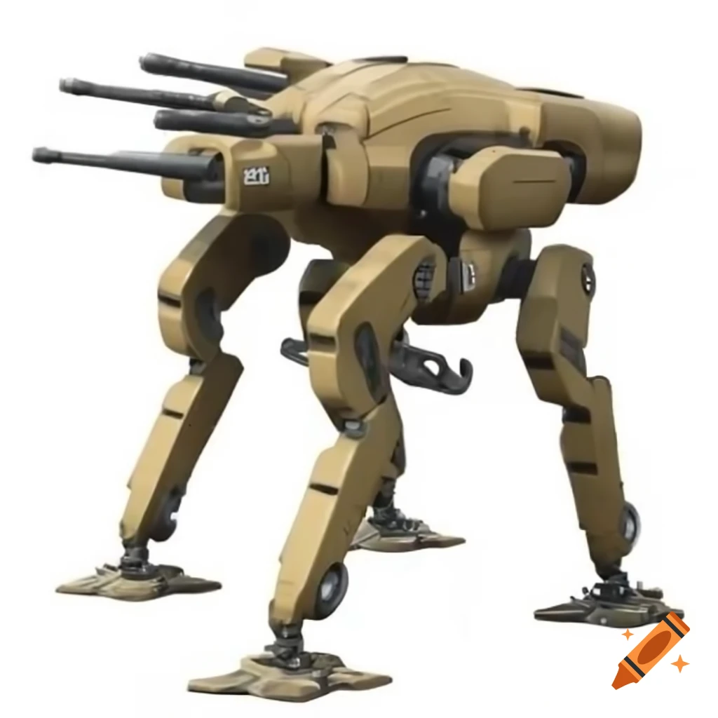 Giant mech named Taco Stand with four legs and three guns on Craiyon