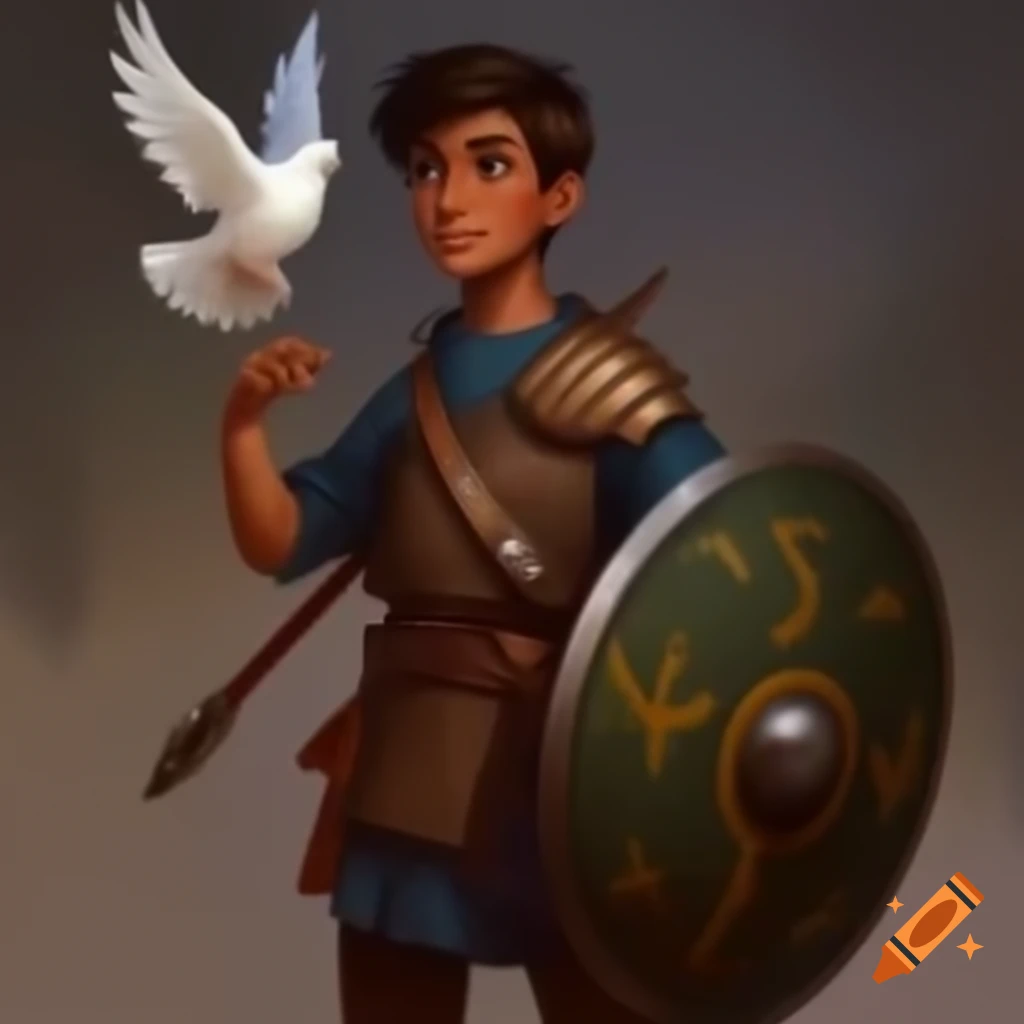 Bronze age warrior with dove-emblazoned shield symbolizing peace on Craiyon