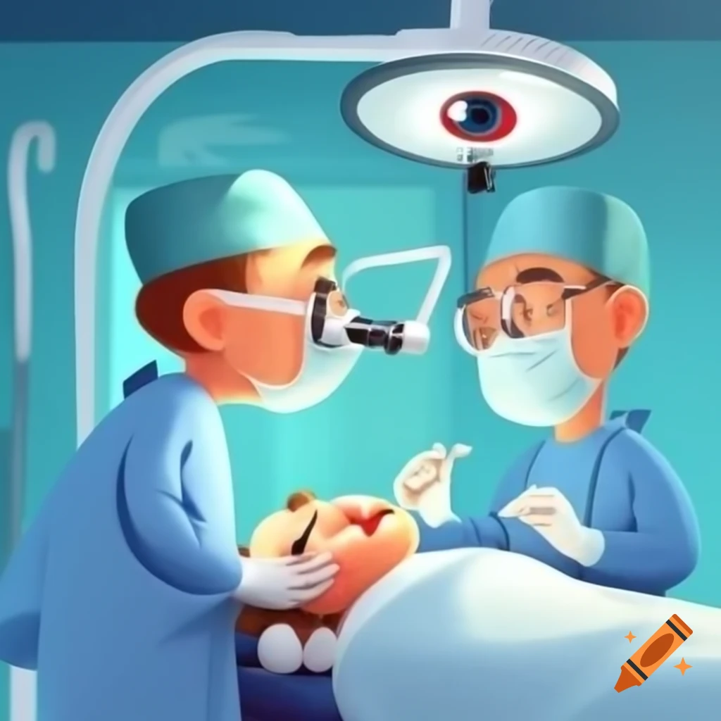 Cartoonish image of a smiling recovered patient after eye surgery with ...