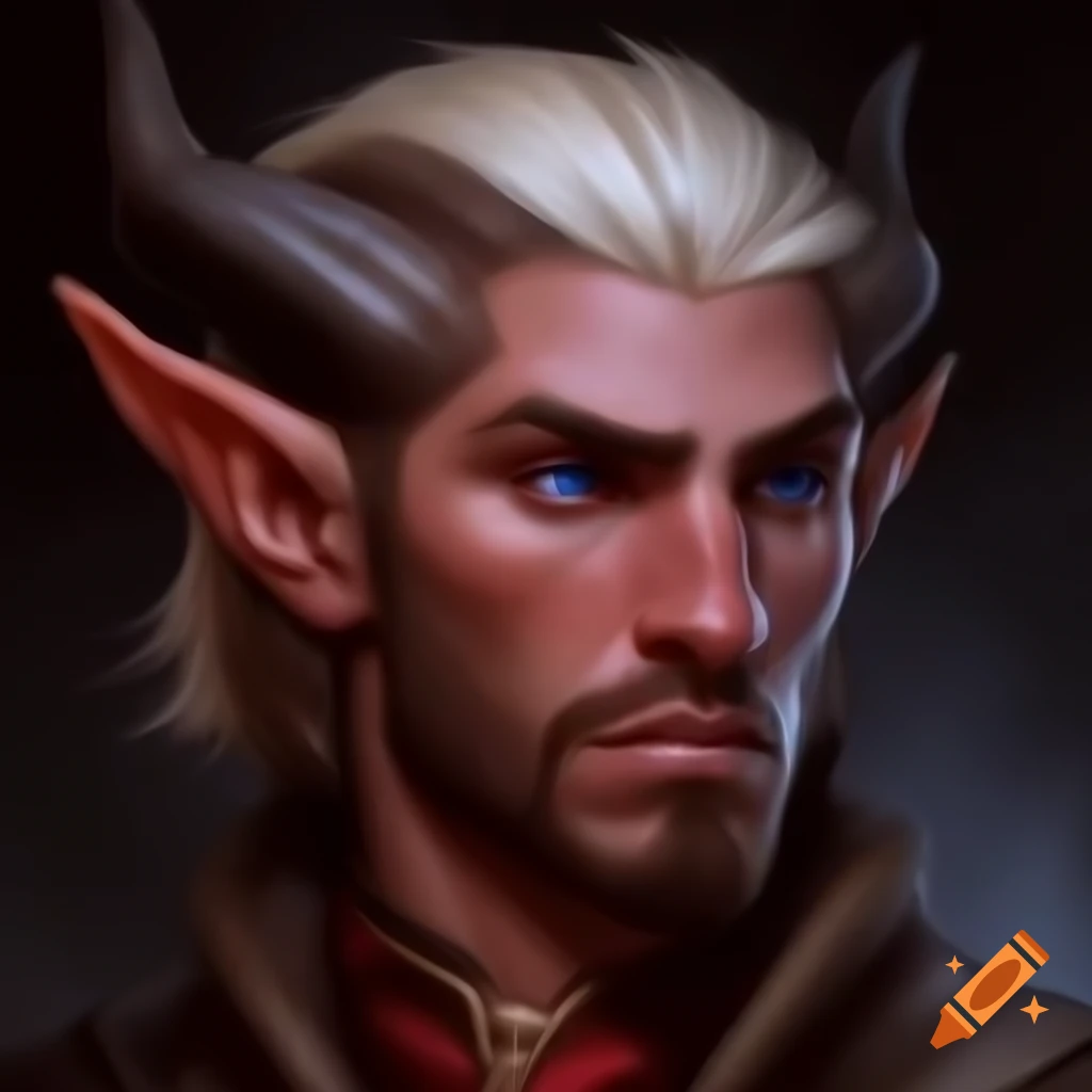 Handsome D&D tiefling with broken horns and colorful eyes on Craiyon