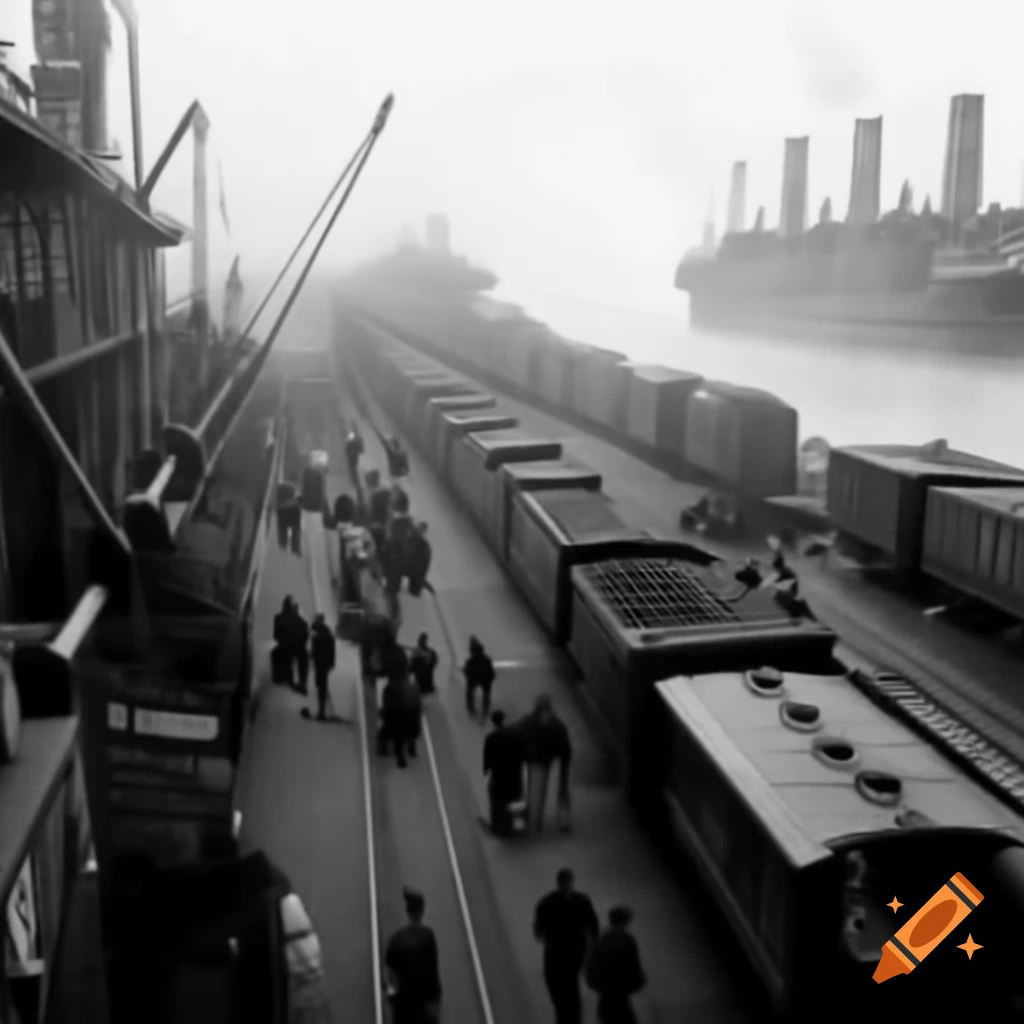Bustling 1920s American dock scene with people and stacked luggage on Craiyon