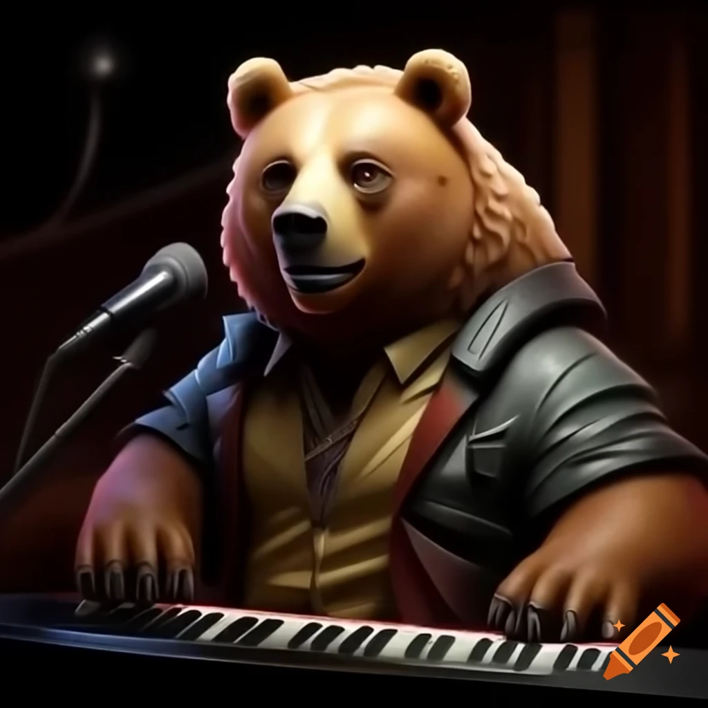 3D bear musician playing piano and singing into microphone on Craiyon